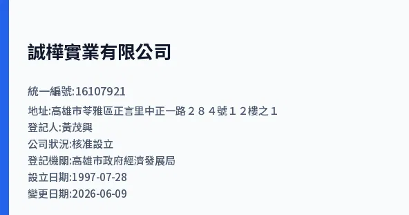 誠樺實業有限公司的照片-統編 16107921(高雄市) 公司登記資料與營業項目詳細圖表