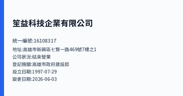 笙益科技企業有限公司的照片-統編 16108317(高雄市) 公司登記資料與營業項目詳細圖表