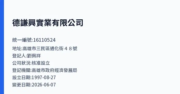德謙興實業有限公司的照片-統編 16110524(高雄市) 公司登記資料與營業項目詳細圖表
