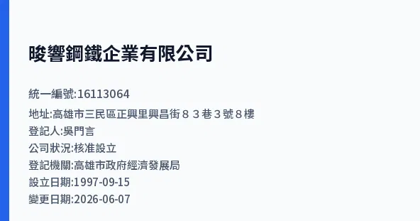晙響鋼鐵企業有限公司的照片-統編 16113064(高雄市) 公司登記資料與營業項目詳細圖表