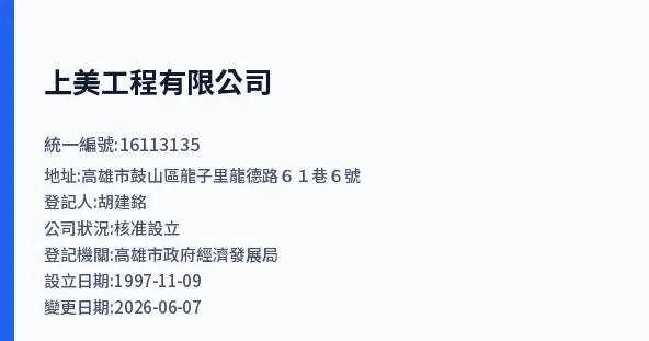 上美工程有限公司的照片-統編 16113135(高雄市) 公司登記資料與營業項目詳細圖表