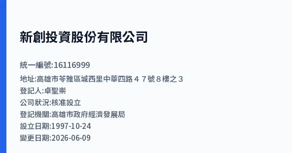 新創投資股份有限公司的照片-統編 16116999(高雄市) 公司登記資料與營業項目詳細圖表