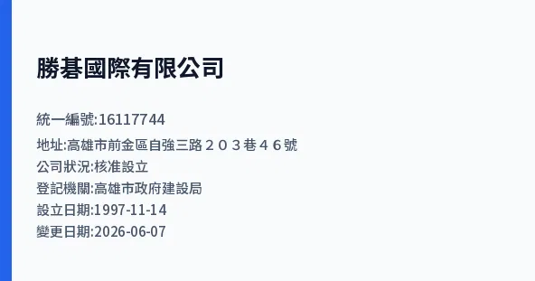 勝碁國際有限公司的照片-統編 16117744(高雄市) 公司登記資料與營業項目詳細圖表