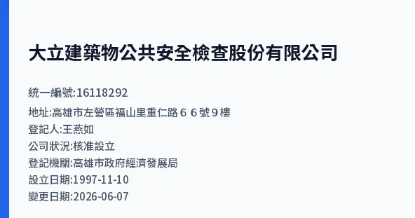 大立建築物公共安全檢查股份有限公司的照片-統編 16118292(高雄市) 公司登記資料與營業項目詳細圖表