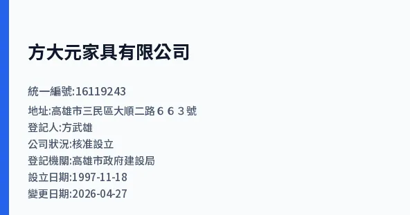 方大元家具有限公司的照片-統編 16119243(高雄市) 公司登記資料與營業項目詳細圖表