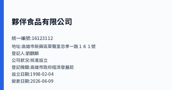 夥伴食品有限公司的照片-統編 16123112(高雄市) 公司登記資料與營業項目詳細圖表