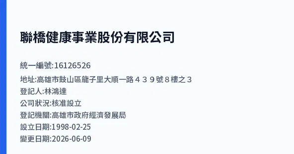 聯橋健康事業股份有限公司的照片-統編 16126526(高雄市) 公司登記資料與營業項目詳細圖表