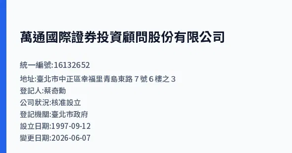 萬通國際證券投資顧問股份有限公司的照片-統編 16132652(臺北市) 公司登記資料與營業項目詳細圖表