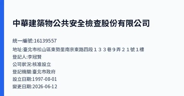 中華建築物公共安全檢查股份有限公司的照片-統編 16139557(臺北市) 公司登記資料與營業項目詳細圖表