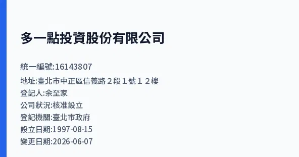 多一點投資股份有限公司的照片-統編 16143807(臺北市) 公司登記資料與營業項目詳細圖表