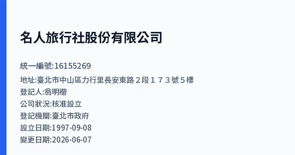 名人旅行社股份有限公司的照片-統編 16155269(臺北市) 公司登記資料與營業項目詳細圖表