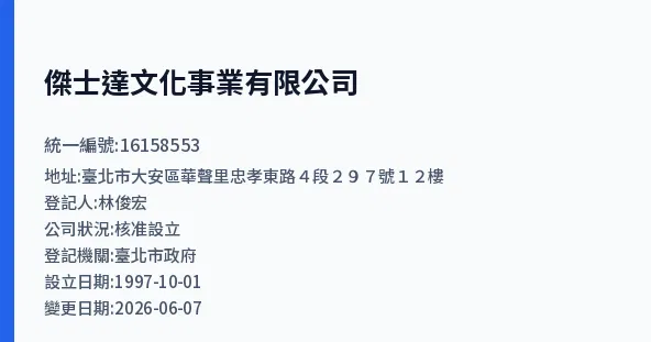 傑士達文化事業有限公司的照片-統編 16158553(臺北市) 公司登記資料與營業項目詳細圖表