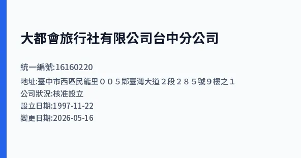 大都會旅行社有限公司台中分公司的照片-統編 16160220(臺中市) 公司登記資料與營業項目詳細圖表