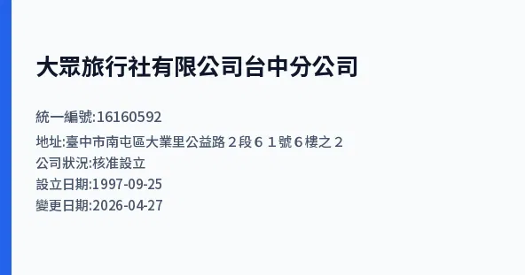 大眾旅行社有限公司台中分公司的照片-統編 16160592(臺中市) 公司登記資料與營業項目詳細圖表