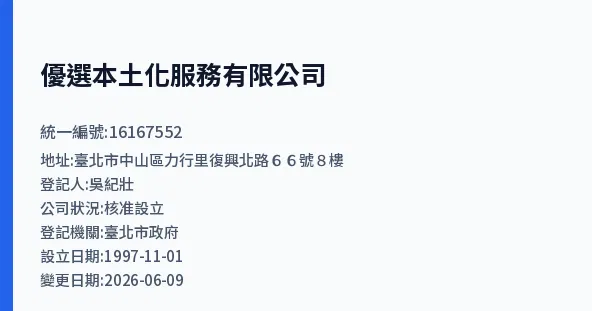 優選本土化服務有限公司的照片-統編 16167552(臺北市) 公司登記資料與營業項目詳細圖表