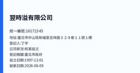 翌時溢有限公司的照片-統編 16172345(臺北市) 公司登記資料與營業項目詳細圖表