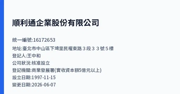 順利通企業股份有限公司的照片-統編 16172653(臺北市) 公司登記資料與營業項目詳細圖表