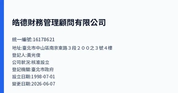皓德財務管理顧問有限公司的照片-統編 16178621(臺北市) 公司登記資料與營業項目詳細圖表