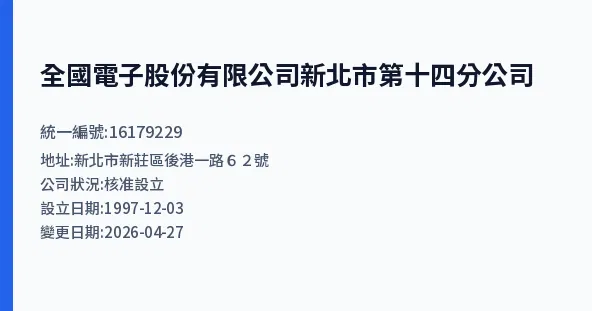 全國電子股份有限公司新北市第十四分公司的照片-統編 16179229(新北市) 公司登記資料與營業項目詳細圖表