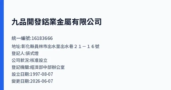 九品開發鋁業金屬有限公司的照片-統編 16183666(彰化縣) 公司登記資料與營業項目詳細圖表