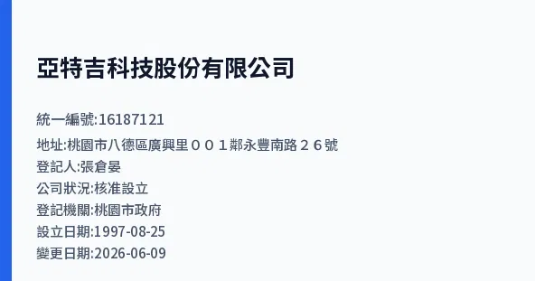 亞特吉科技股份有限公司的照片-統編 16187121(桃園市) 公司登記資料與營業項目詳細圖表