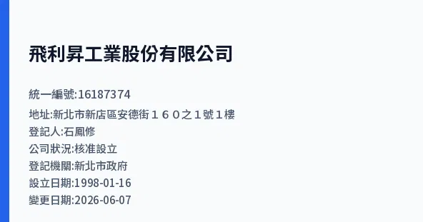 飛利昇工業股份有限公司的照片-統編 16187374(新北市) 公司登記資料與營業項目詳細圖表