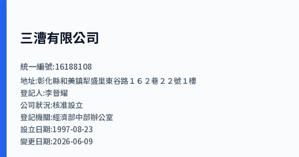 三漕有限公司的照片-統編 16188108(彰化縣) 公司登記資料與營業項目詳細圖表
