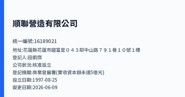 順聯營造有限公司的照片-統編 16189021(花蓮縣) 公司登記資料與營業項目詳細圖表