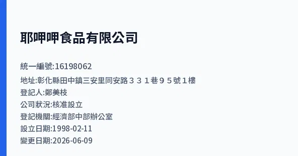 耶呷呷食品有限公司的照片-統編 16198062(彰化縣) 公司登記資料與營業項目詳細圖表