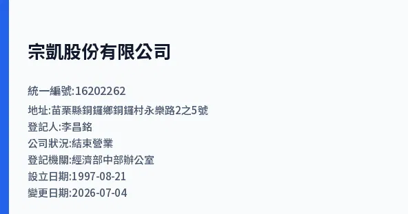 宗凱股份有限公司的照片-統編 16202262(苗栗縣) 公司登記資料與營業項目詳細圖表