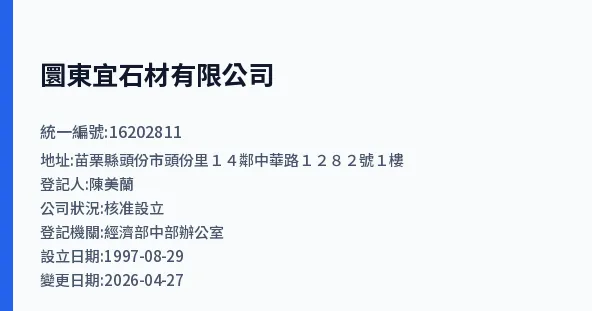 圜東宜石材有限公司的照片-統編 16202811(苗栗縣) 公司登記資料與營業項目詳細圖表