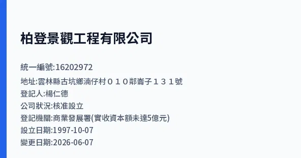 柏登景觀工程有限公司的照片-統編 16202972(雲林縣) 公司登記資料與營業項目詳細圖表
