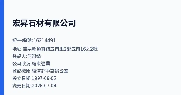 宏昇石材有限公司的照片-統編 16214491(苗栗縣) 公司登記資料與營業項目詳細圖表