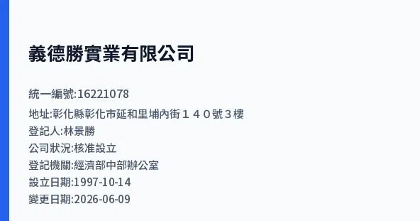 義德勝實業有限公司的照片-統編 16221078(彰化縣) 公司登記資料與營業項目詳細圖表