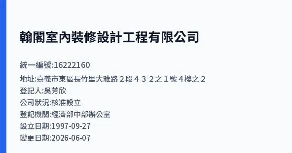 翰閣室內裝修設計工程有限公司的照片-統編 16222160(嘉義市) 公司登記資料與營業項目詳細圖表