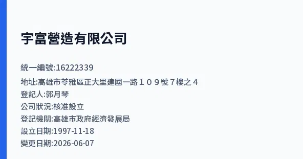 宇富營造有限公司的照片-統編 16222339(高雄市) 公司登記資料與營業項目詳細圖表
