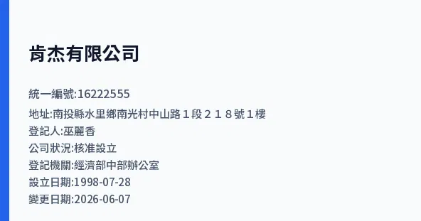 肯杰有限公司的照片-統編 16222555(南投縣) 公司登記資料與營業項目詳細圖表
