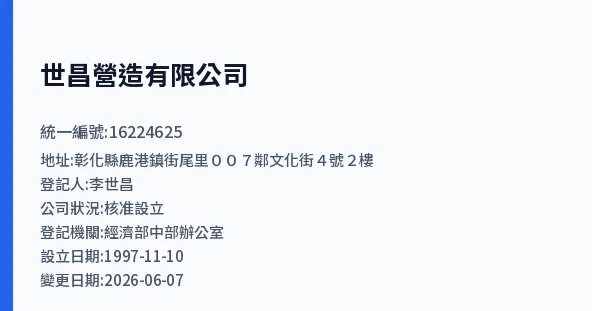 世昌營造有限公司的照片-統編 16224625(彰化縣) 公司登記資料與營業項目詳細圖表