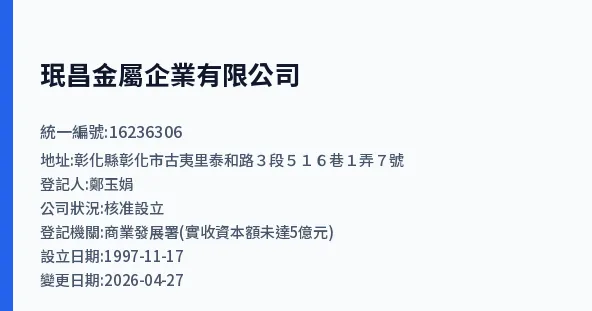 珉昌金屬企業有限公司的照片-統編 16236306(彰化縣) 公司登記資料與營業項目詳細圖表