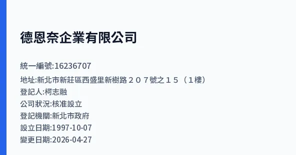 德恩奈企業有限公司的照片-統編 16236707(新北市) 公司登記資料與營業項目詳細圖表