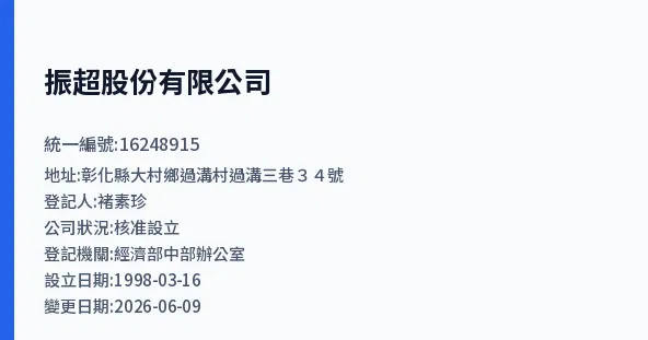 振超股份有限公司的照片-統編 16248915(彰化縣) 公司登記資料與營業項目詳細圖表