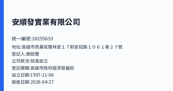 安順發實業有限公司的照片-統編 16255653(高雄市) 公司登記資料與營業項目詳細圖表