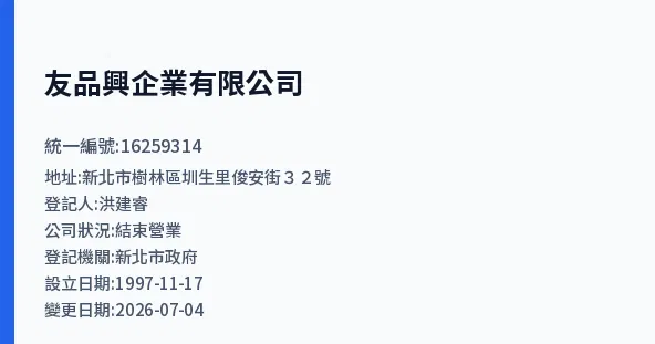 友品興企業有限公司的照片-統編 16259314(新北市) 公司登記資料與營業項目詳細圖表