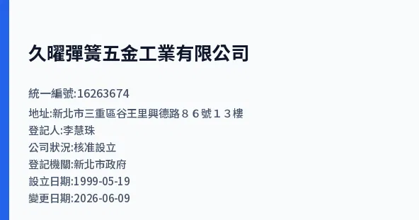 久曜彈簧五金工業有限公司的照片-統編 16263674(新北市) 公司登記資料與營業項目詳細圖表