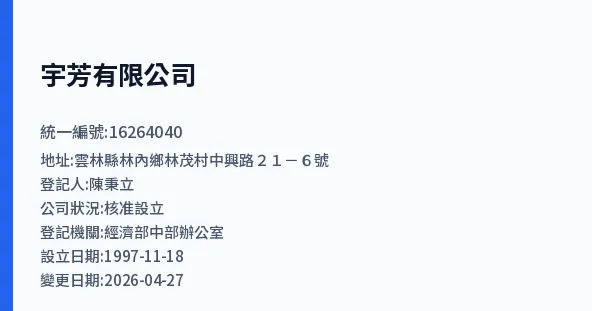 宇芳有限公司的照片-統編 16264040(雲林縣) 公司登記資料與營業項目詳細圖表