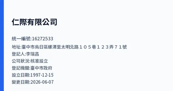 仁際有限公司的照片-統編 16272533(臺中市) 公司登記資料與營業項目詳細圖表