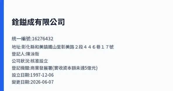 銓鎰成有限公司的照片-統編 16276432(彰化縣) 公司登記資料與營業項目詳細圖表