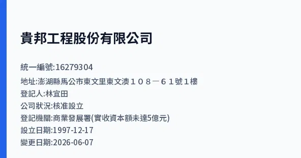 貴邦工程股份有限公司的照片-統編 16279304(澎湖縣) 公司登記資料與營業項目詳細圖表
