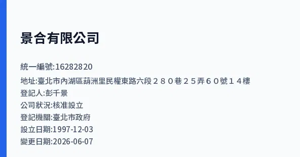 景合有限公司的照片-統編 16282820(臺北市) 公司登記資料與營業項目詳細圖表