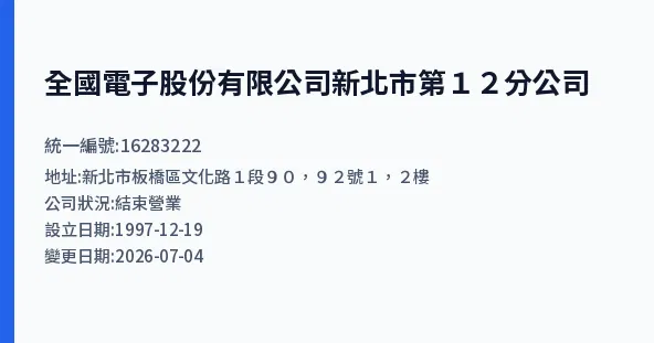 全國電子股份有限公司新北市第12分公司的照片-統編 16283222(新北市) 公司登記資料與營業項目詳細圖表